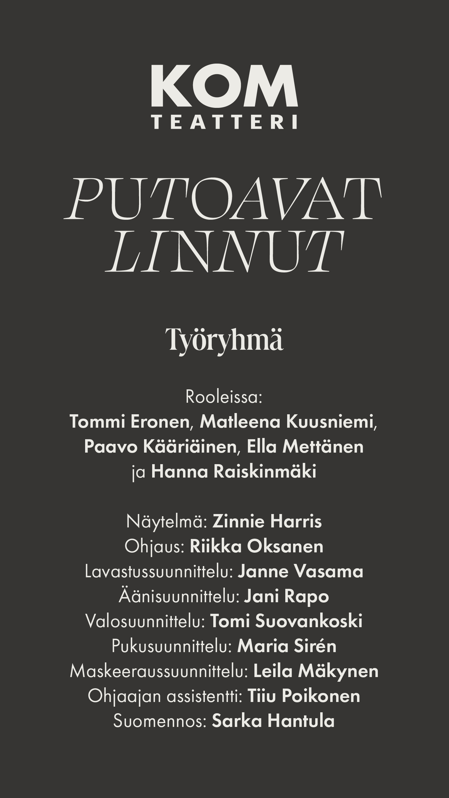 Putoavat linnut -esityksen käsiohjelma - KOM-teatteri